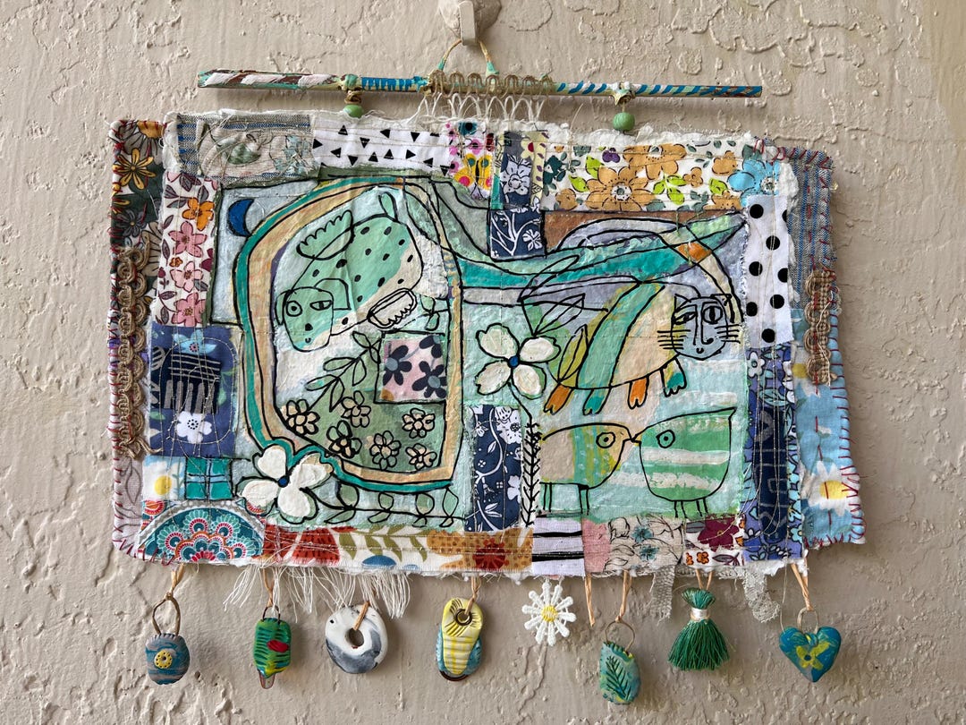 ANGEL DOG - Handmade Paper and Fabric Wall Art With Polymer Clay Beads ...