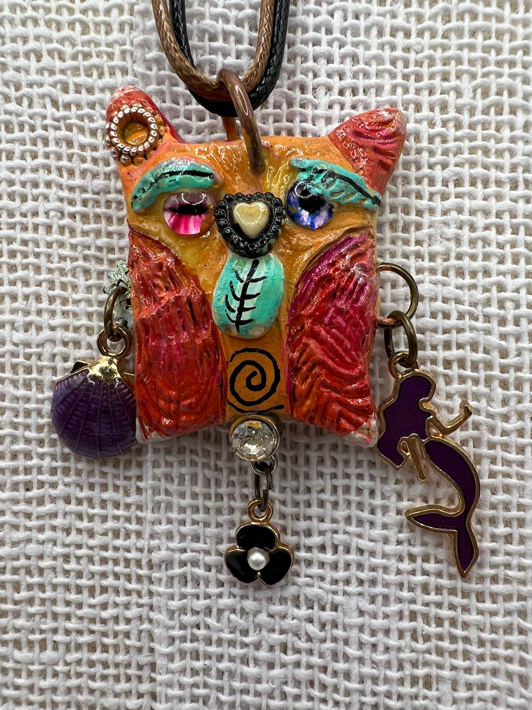 Polymer Clay Owl Pendant With Mermaid Comes With Two Polished Cotton ...