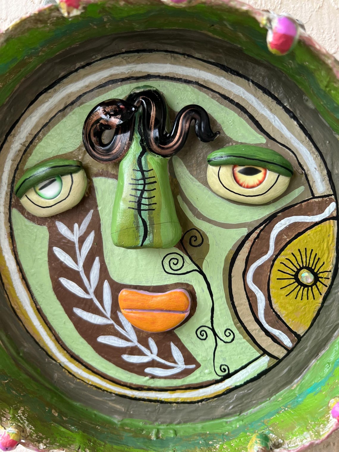 Snake Charmer - Mask in a Paper Mache Bowl With Polymer Clay Features ...