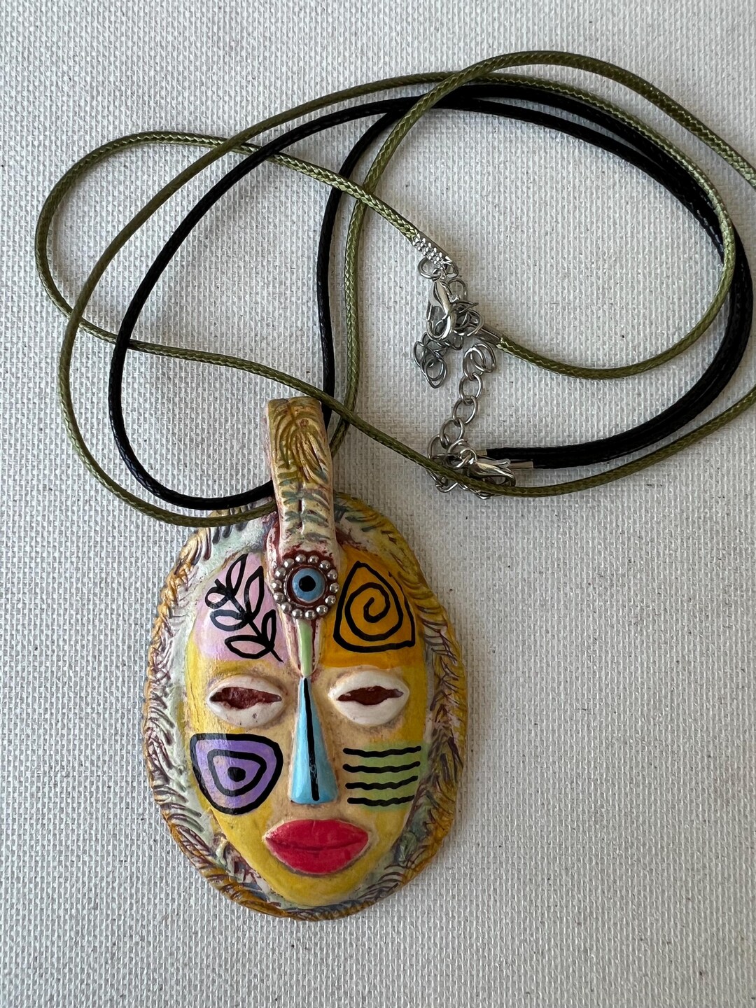 Mask - Polymer Clay Hand Painted Pendant Necklace With Two Cotton Cords ...