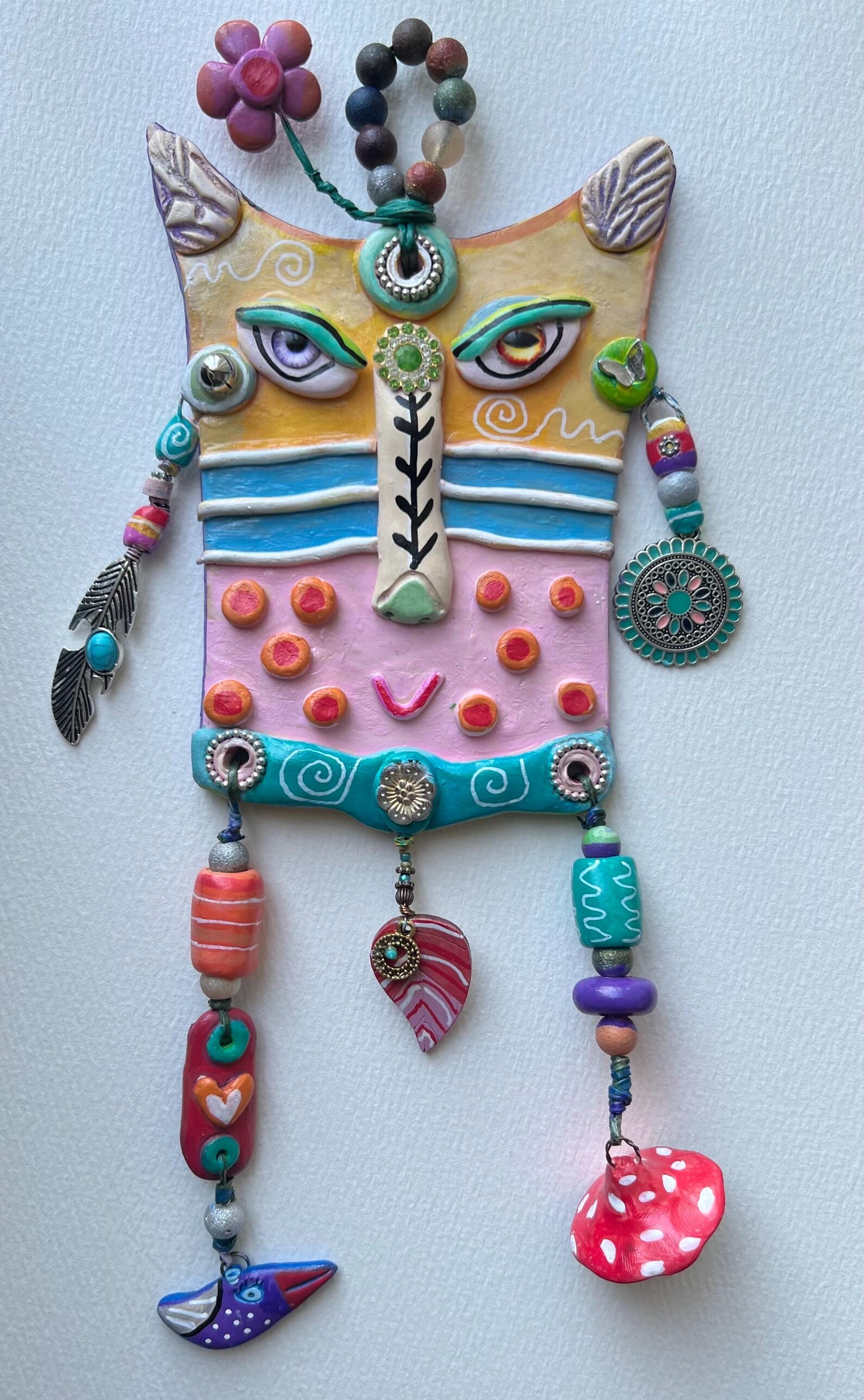 Funky Cat - Polymer Clay With Recycled Jewelry, Red Mushroom, Bird and ...