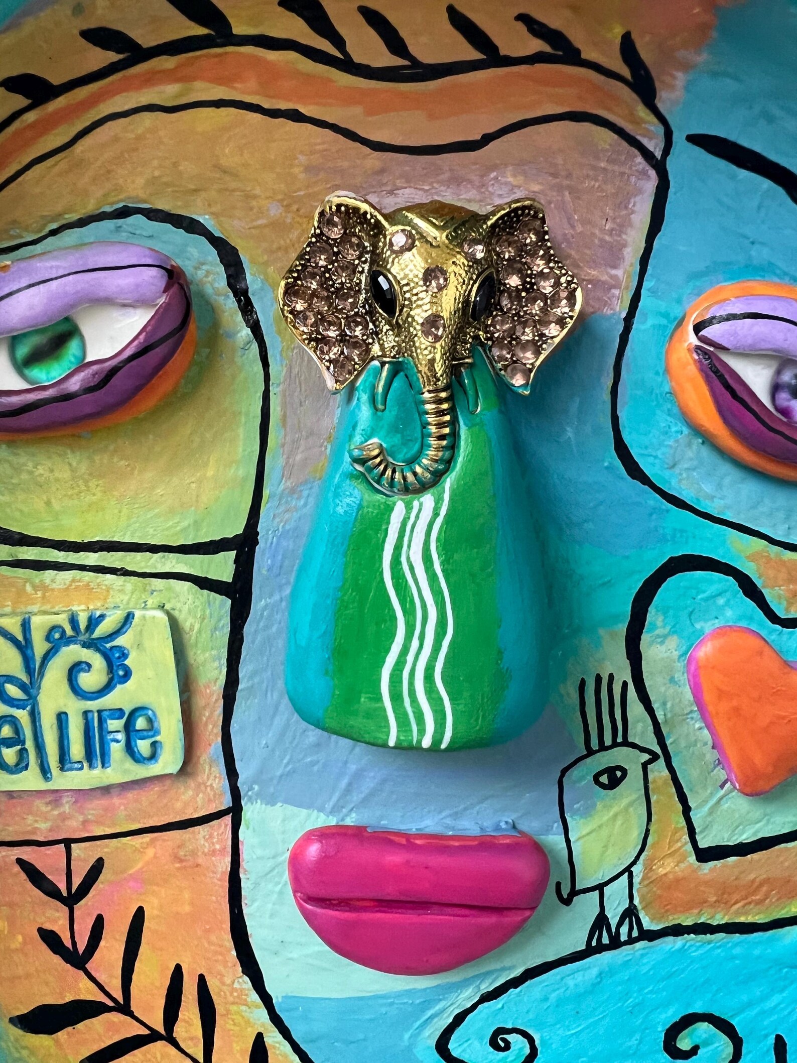 Love Life Elephant Mask - Paper Mache Hanging Bowl With Polymer Clay ...