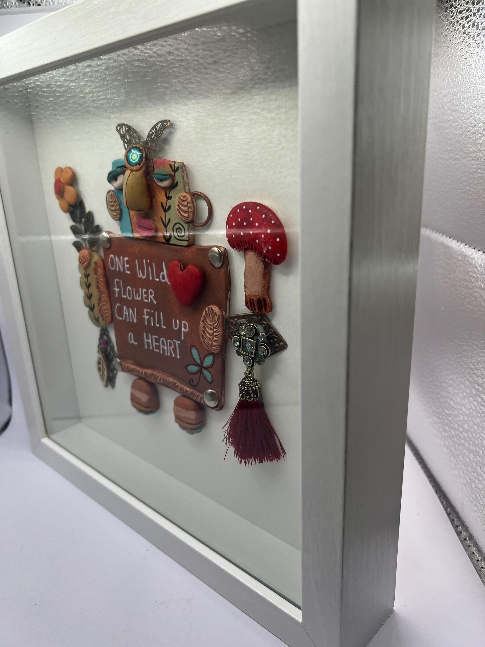 One Wild Flower- Framed Polymer Clay Art in a White Wood Shadow Box ...