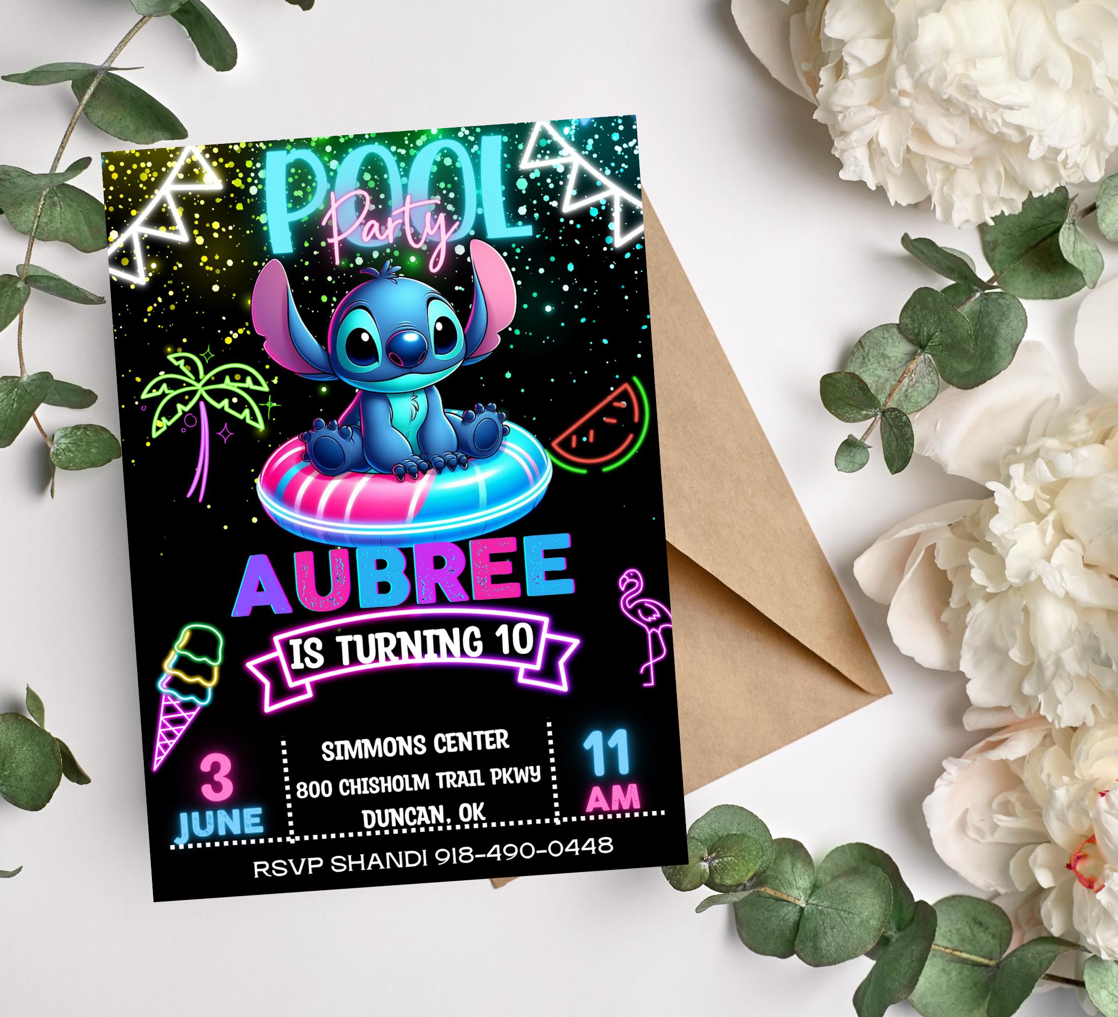 Stitch Pool Neon Birthday Invitation | Stitch Waterslide Party ...