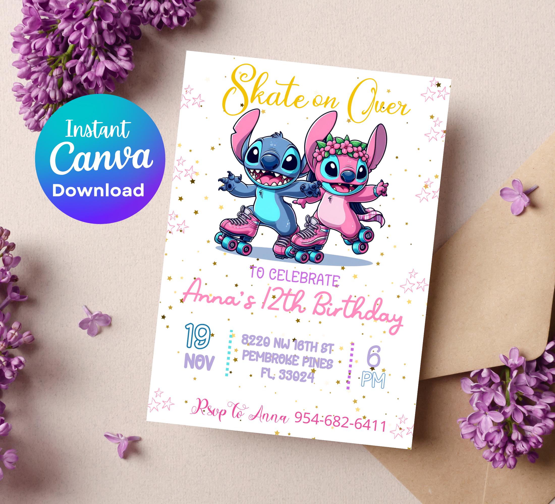 Stitch Roller Skating Birthday Party Invitation | Stitch Lilo Pastel ...