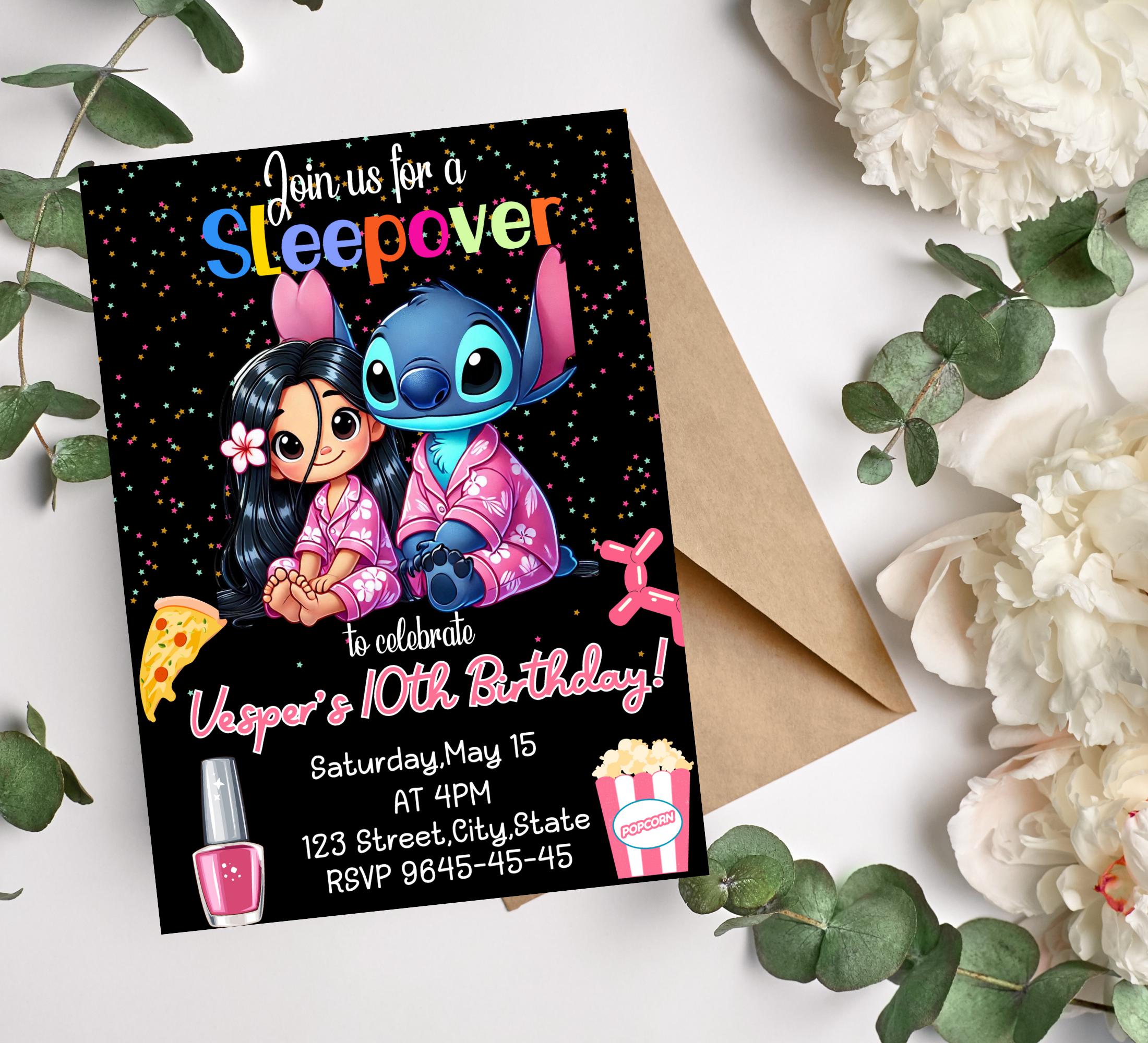 Stitch Lilo Sleepover Birthday Invitation | Stitch Angel Slumber Neon ...