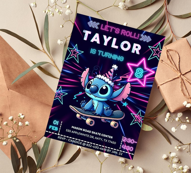 Stitch Roller Skating Birthday Party Invitation | Stitch Lilo Neon ...