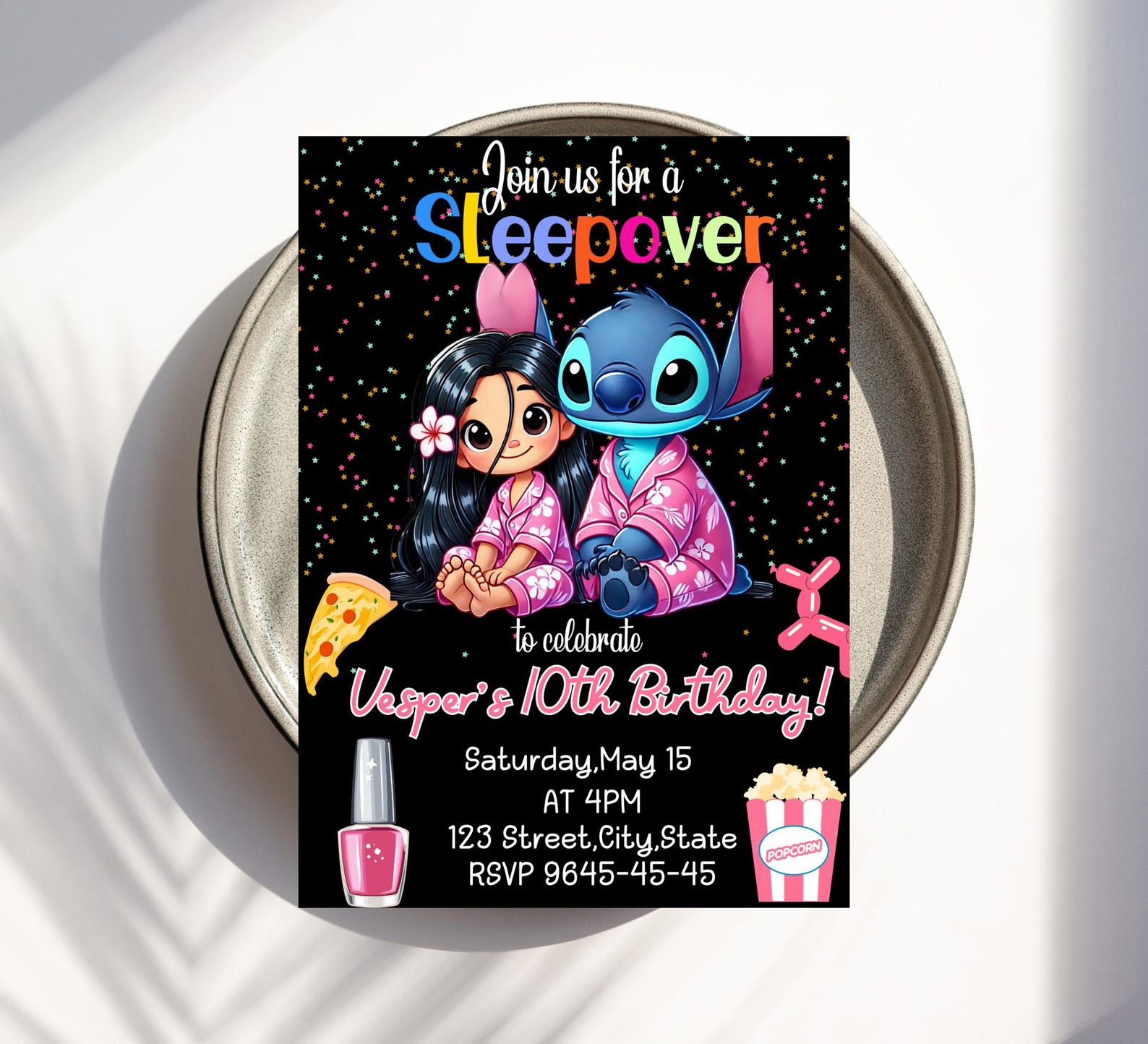 Stitch Lilo Sleepover Birthday Invitation | Stitch Angel Slumber Neon ...