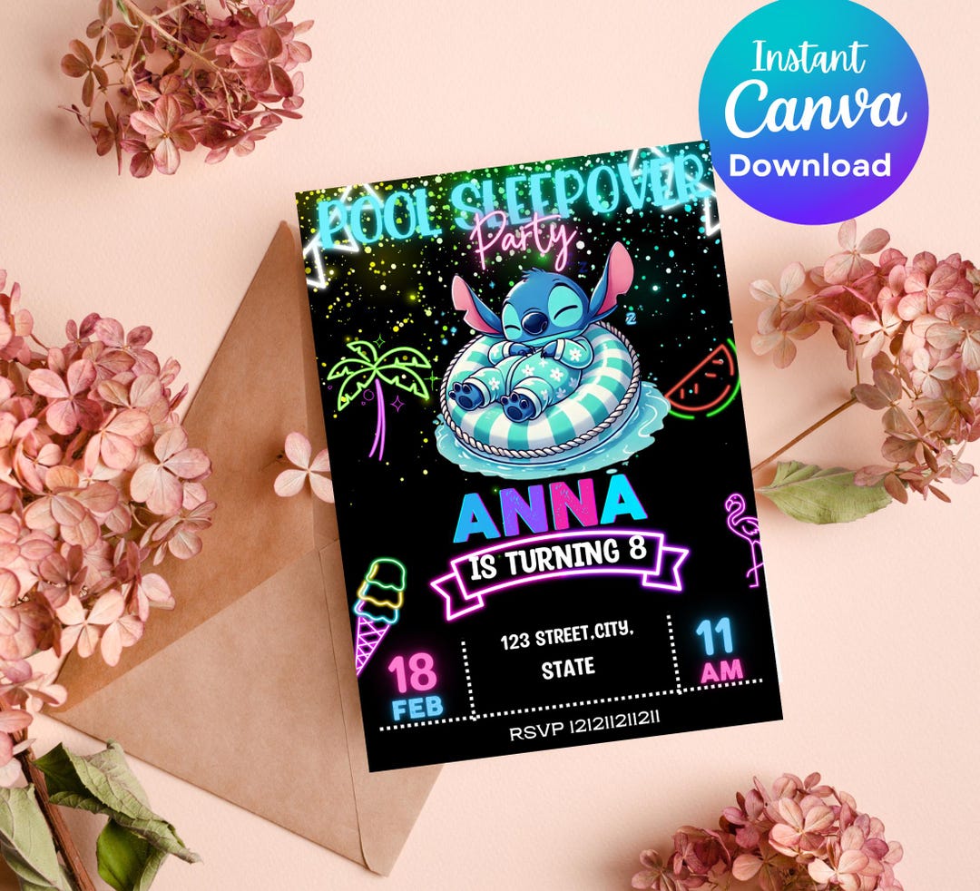 Stitch Pool Sleepover Birthday Invitation | Stitch Neon Waterslide ...