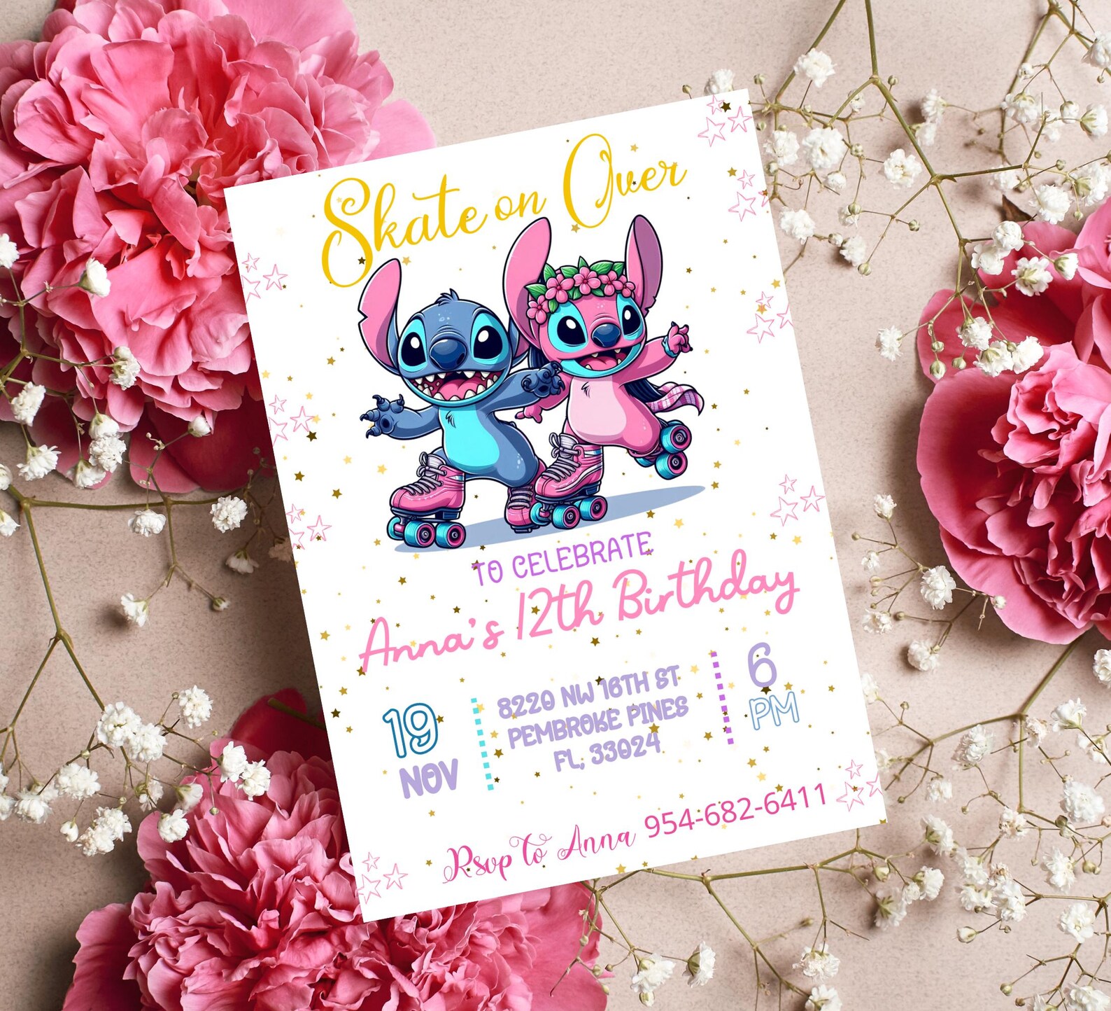 Stitch Roller Skating Birthday Party Invitation | Stitch Lilo Pastel ...