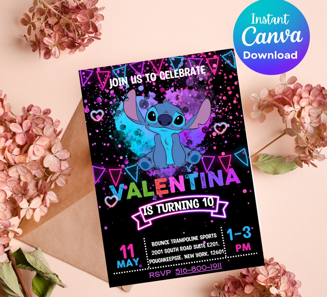 Stitch Birthday Party Invitation | Stitch Lilo Neon Party Invitation ...