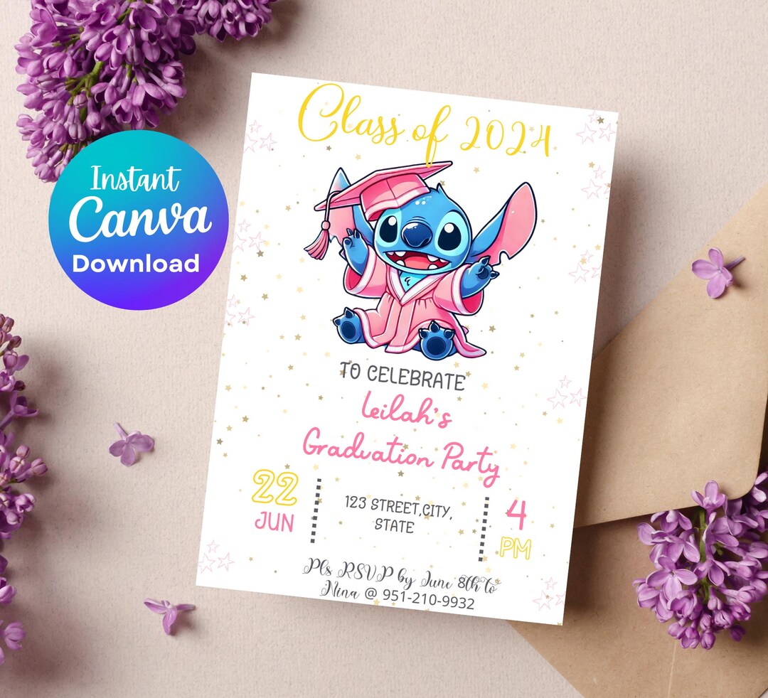 Stitch Pink Graduation Party Invitation | Stitch Kindergarten and ...