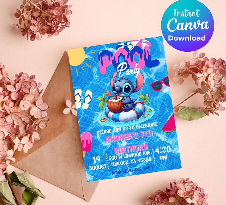 Stitch Pool Birthday Invitation | Stitch Angel Waterslide Party ...