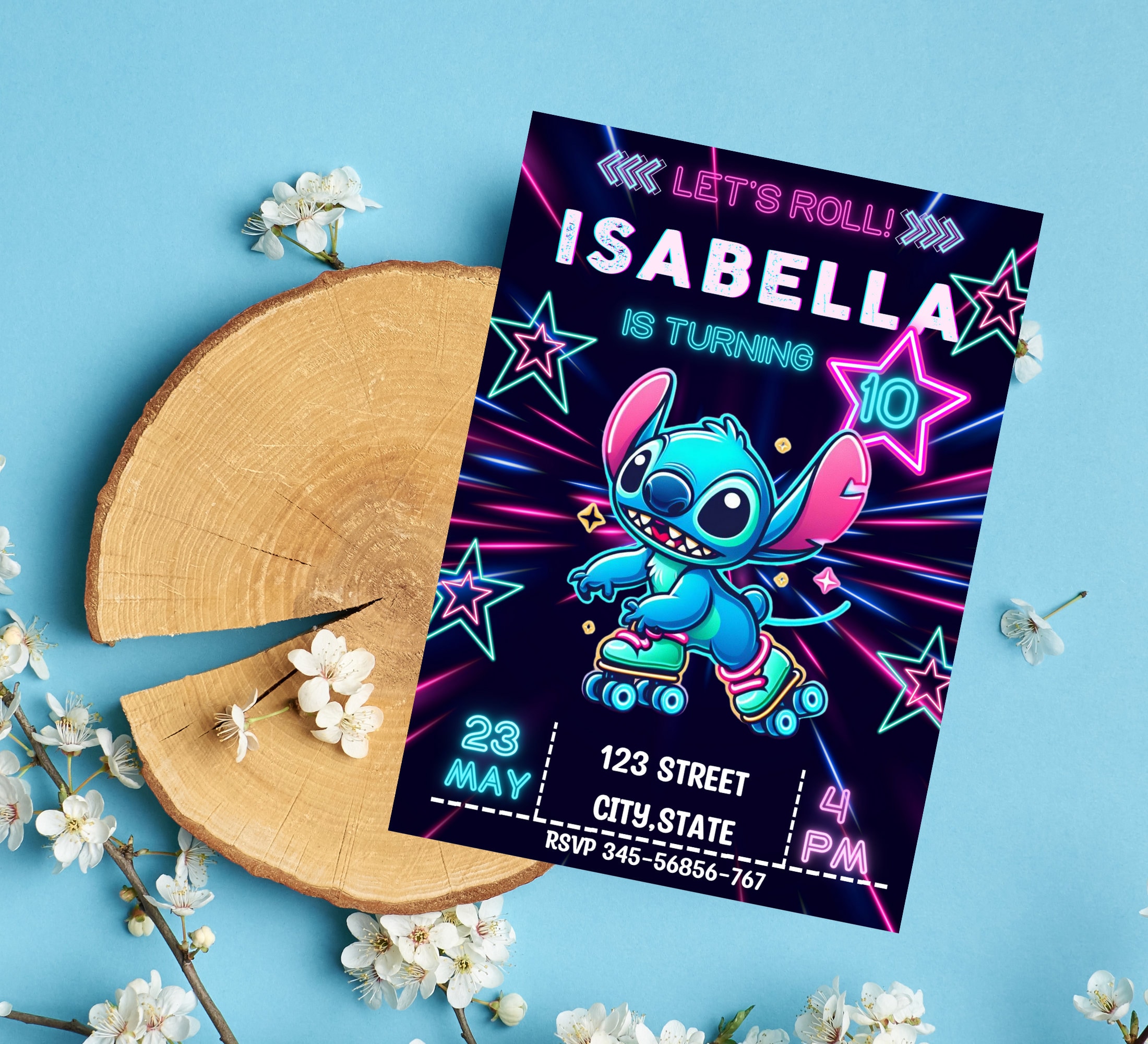 Stitch Roller Skating Birthday Party Invitation | Stitch Lilo Neon ...