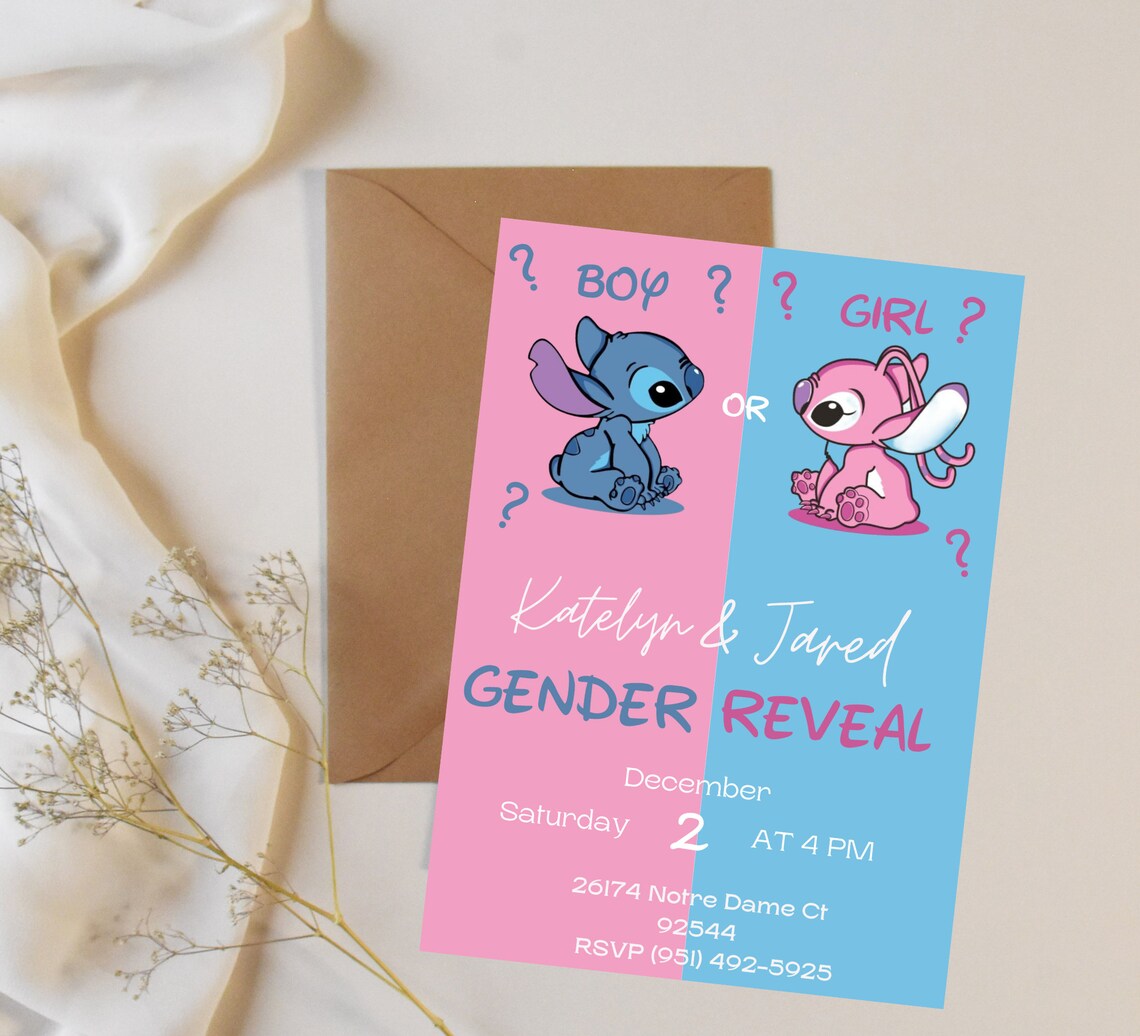 Stitch and Angel Gender Reveal Invitation, Baby Shower Stitch Lilo, He ...