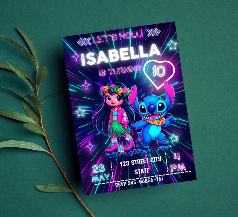 Stitch Roller Skating Birthday Party Invitation | Stitch Lilo Neon ...