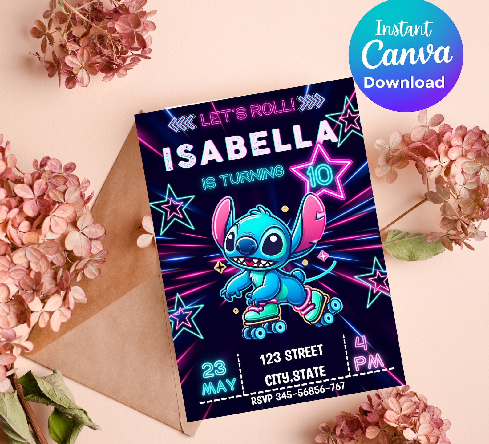 Stitch Roller Skating Birthday Party Invitation | Stitch Lilo Neon ...