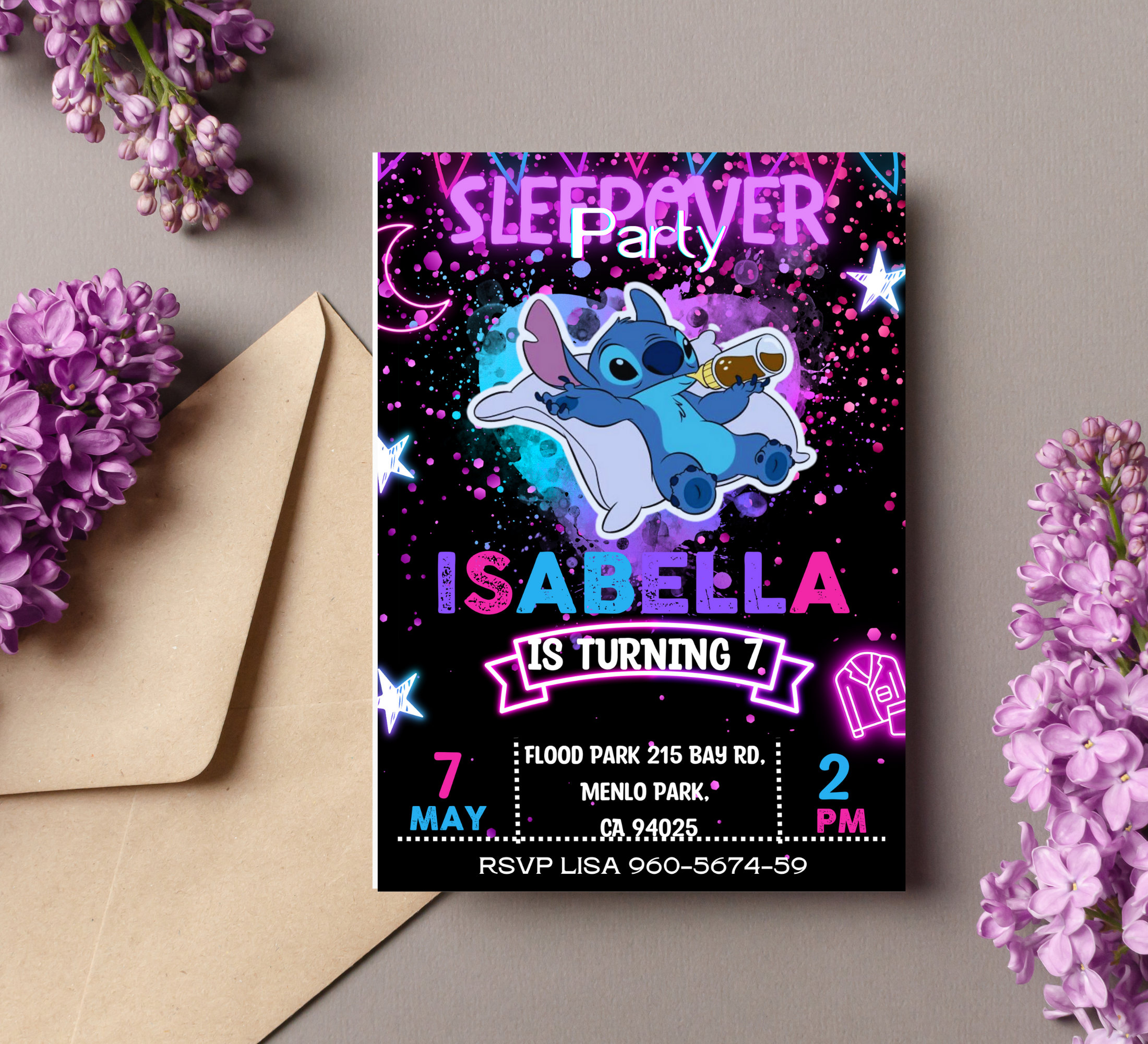 Stitch Sleepover Birthday Invitation | Stitch Neon Slumber Party ...