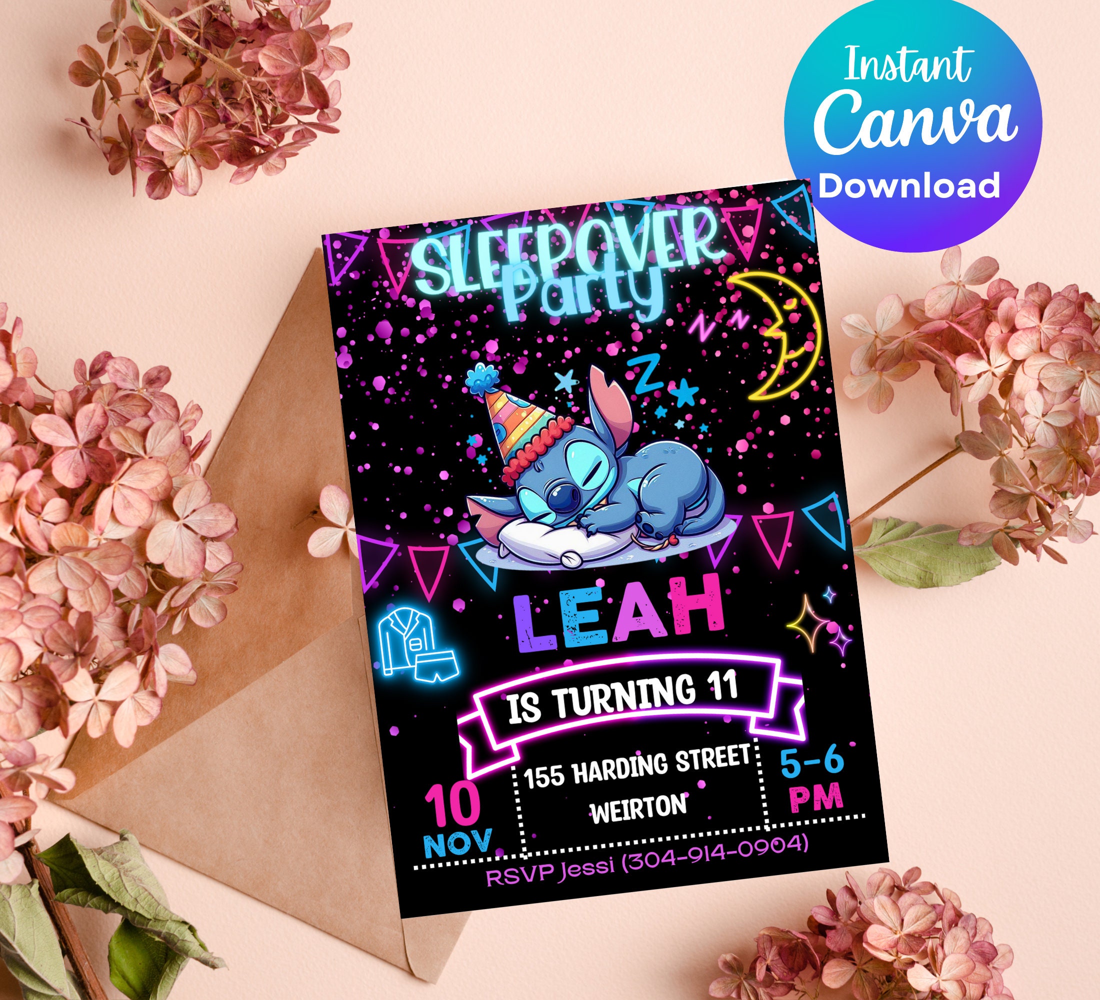 Stitch Sleepover Birthday Invitation | Stitch Slumber Neon Party ...