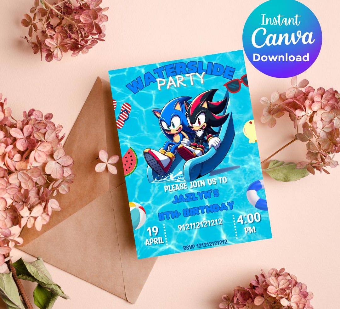 Sonic Editable Pool Summer Birthday Invitation | Hedgehog Blue Party ...