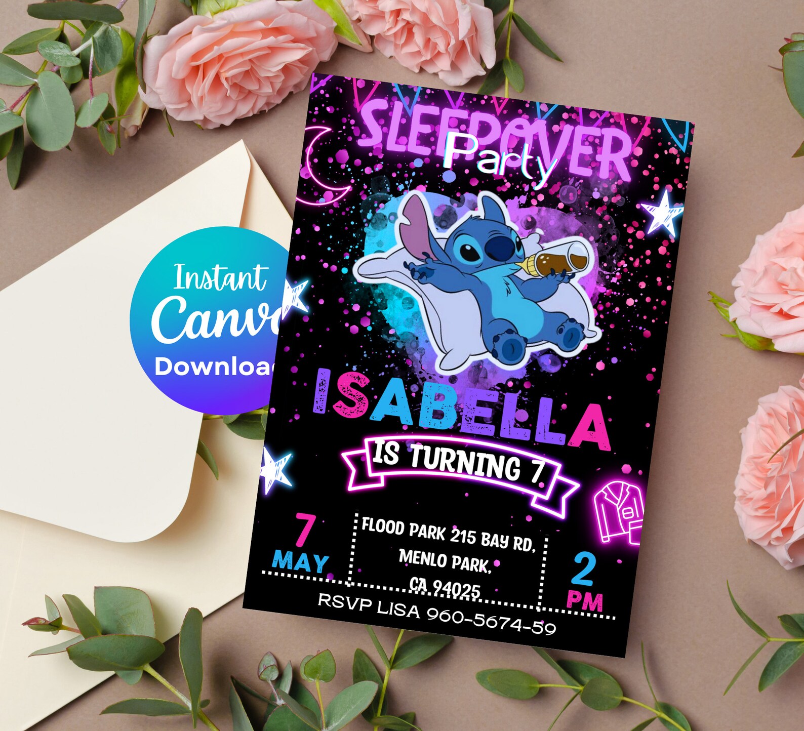 Stitch Sleepover Birthday Invitation | Stitch Neon Slumber Party ...