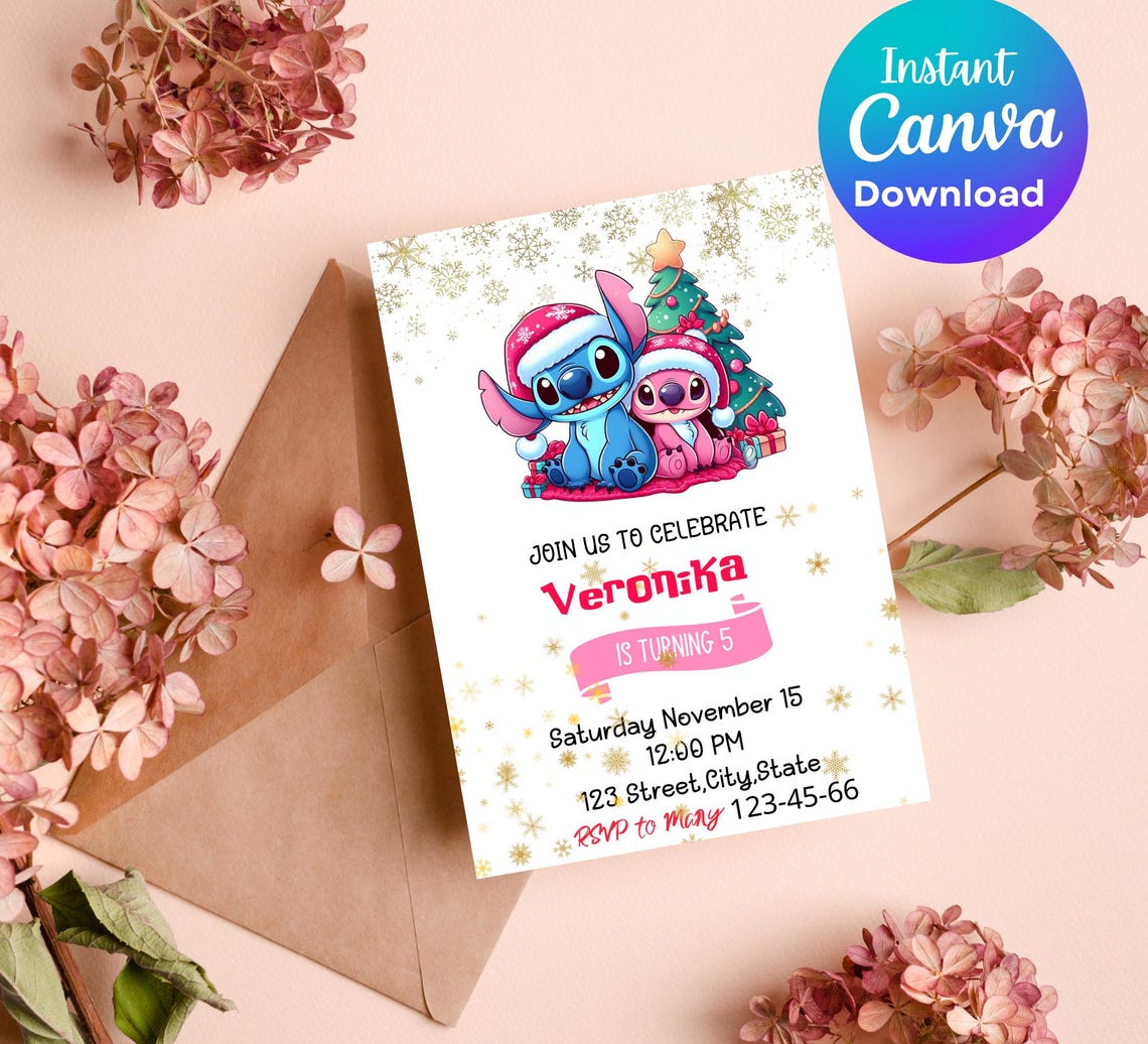 Stitch Christmas Birthday Invitation | Stitch Angel Pink Snowflakes ...