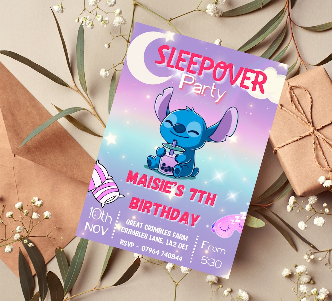 Stitch Sleepover Pastel Birthday Invitation | Stitch Spa Slumber Party ...