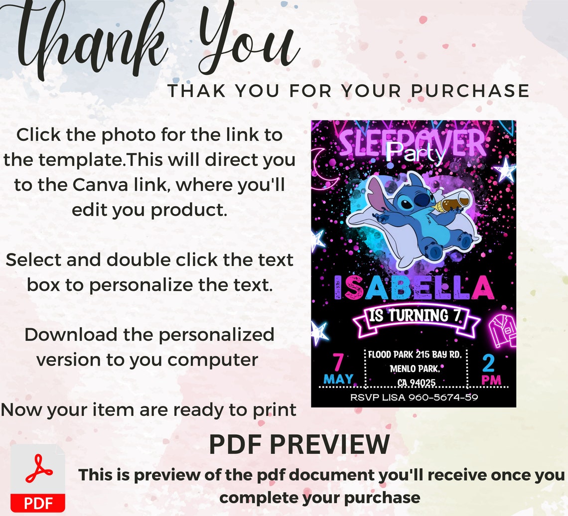 Stitch Sleepover Birthday Invitation | Stitch Neon Slumber Party ...