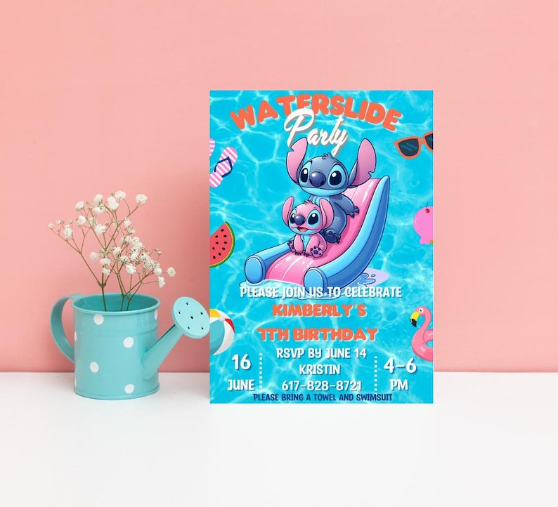Stitch Lilo Pool Birthday Invitation | Stitch Angel Pink Orange ...