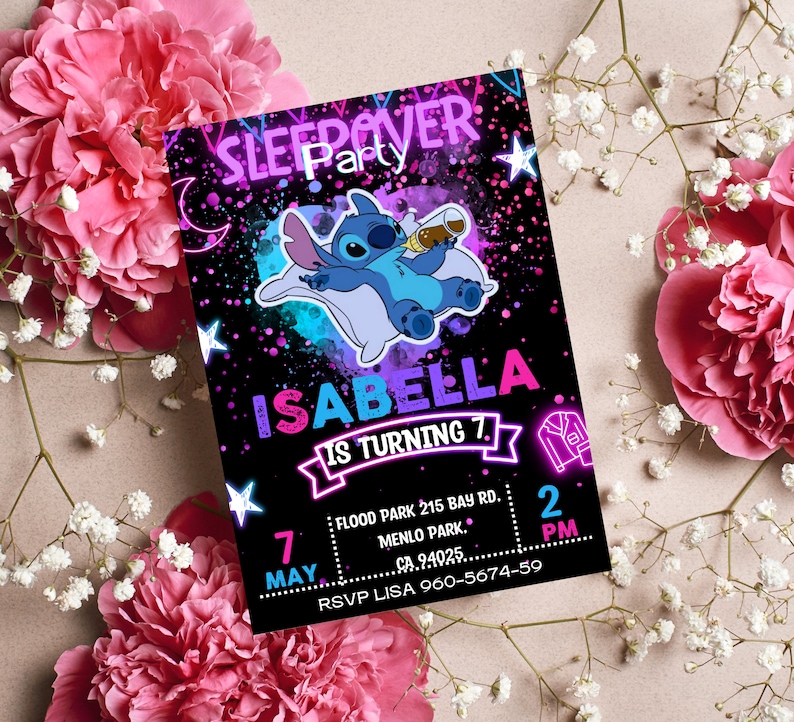 Stitch Sleepover Birthday Invitation | Stitch Neon Slumber Party ...