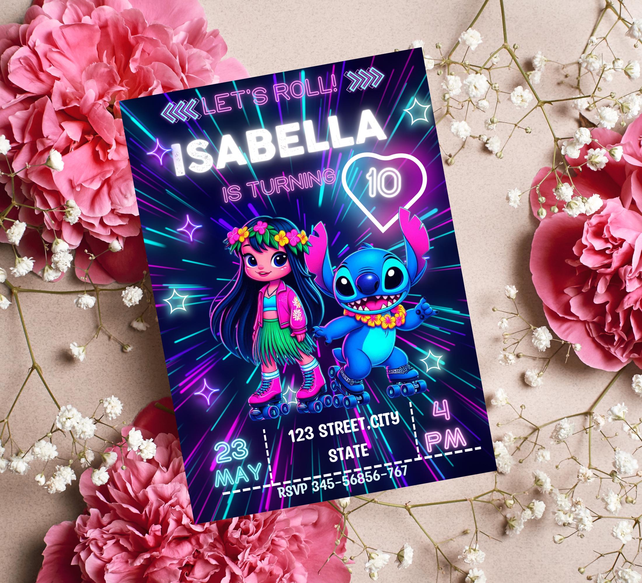Stitch Roller Skating Birthday Party Invitation | Stitch Lilo Neon ...