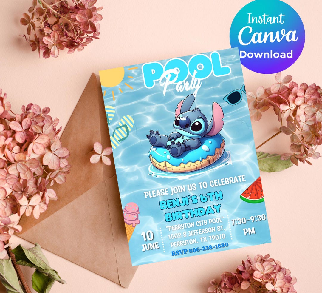 Stitch Lilo Blue Pool Birthday Invitation | Stitch Angel Blue ...