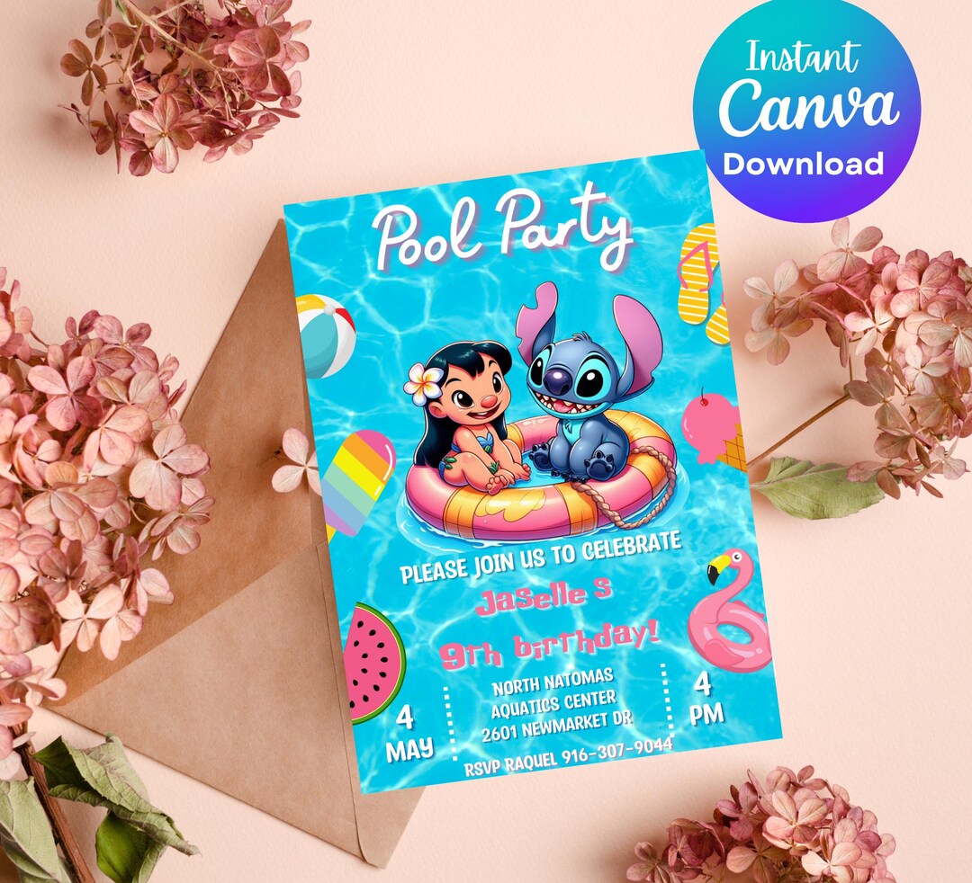 Stitch Lilo Pool Birthday Invitation | Stitch Angel Waterslide Party ...