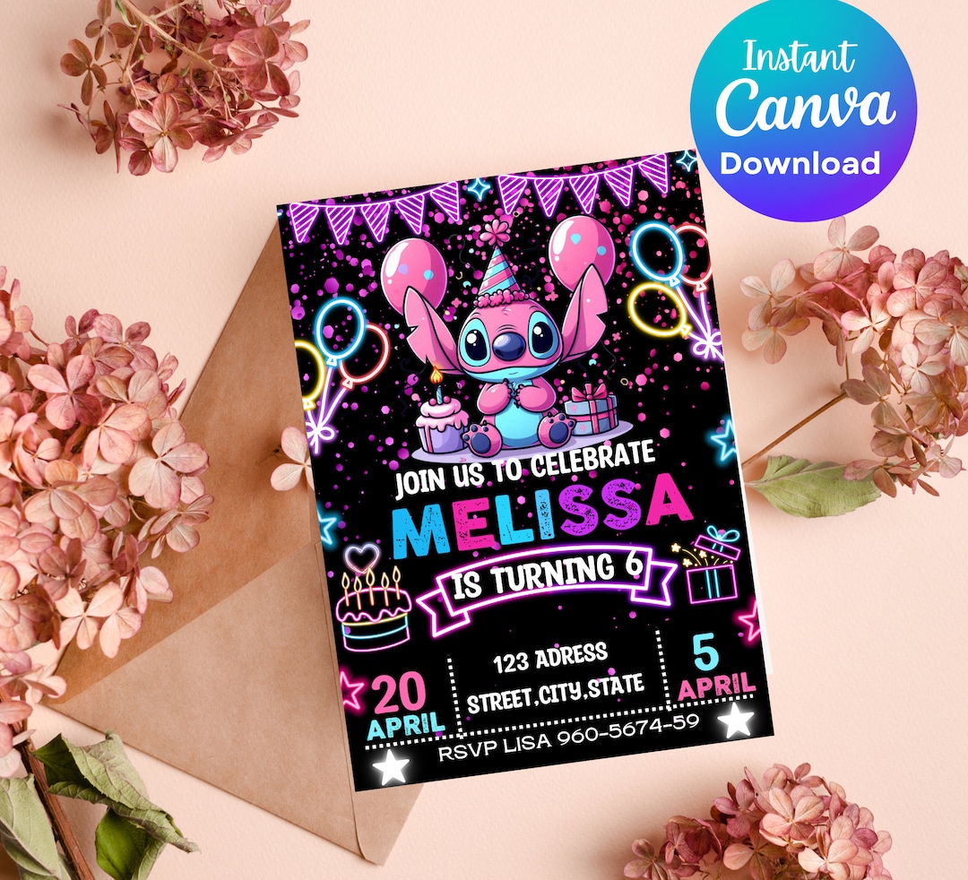 Stitch Pink Birthday Invitation | Stitch Neon Party Invitation ...