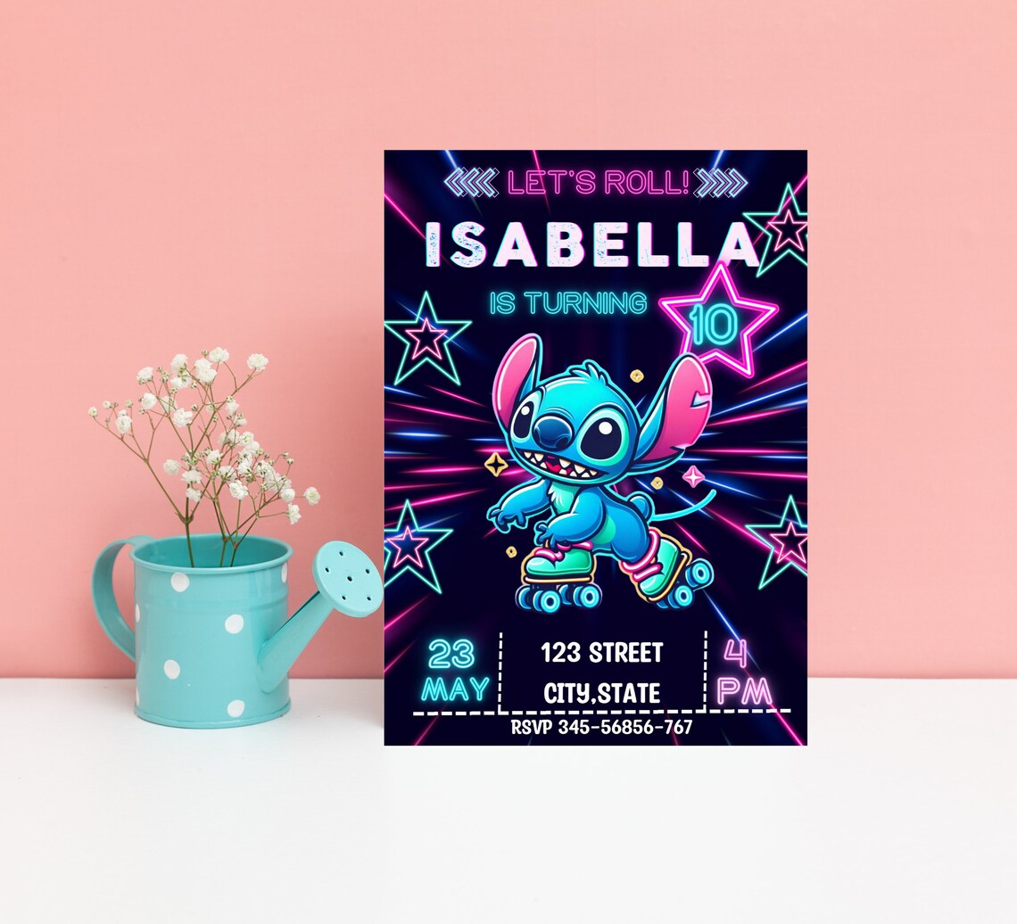 Stitch Roller Skating Birthday Party Invitation | Stitch Lilo Neon ...