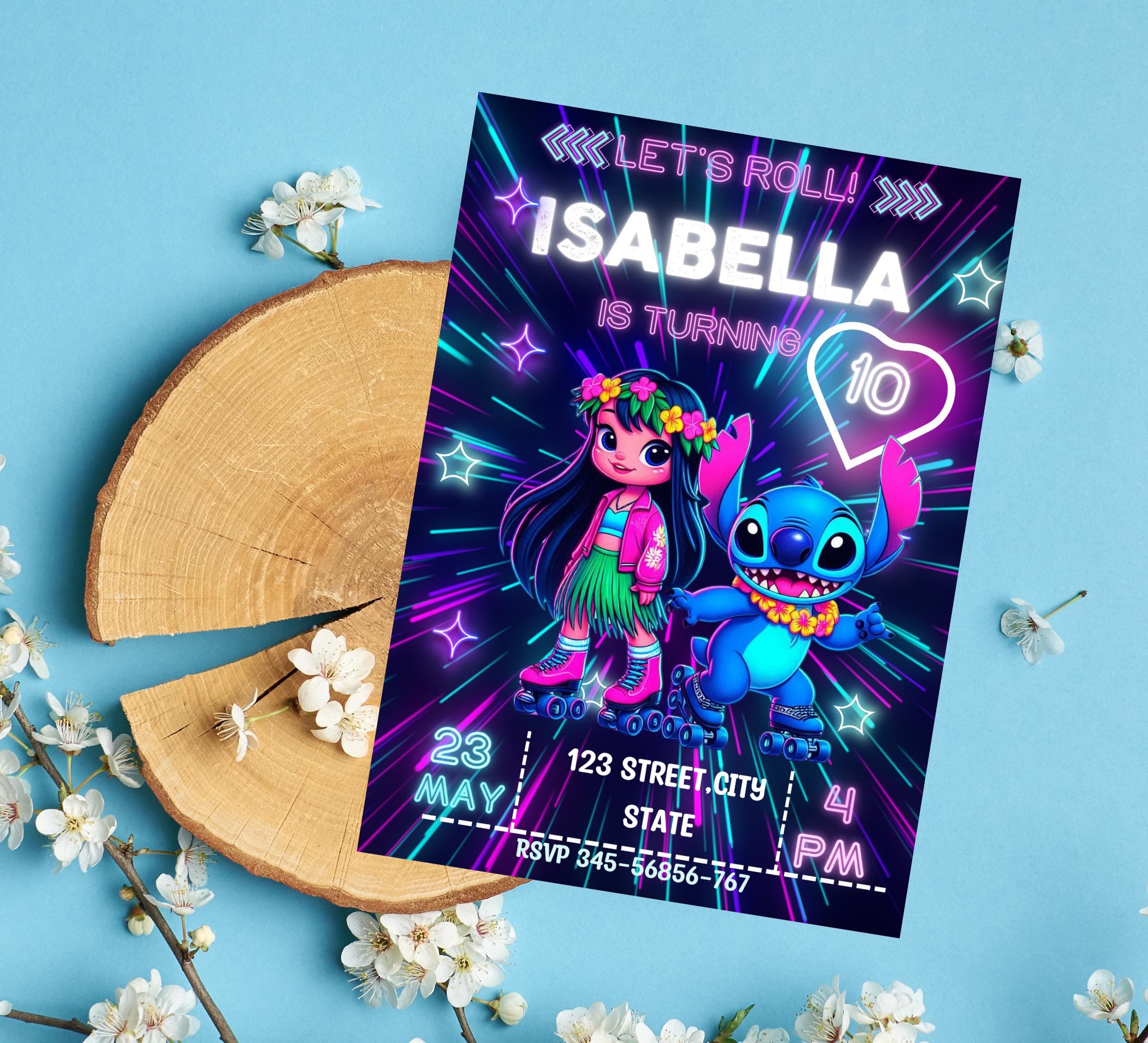 Stitch Roller Skating Birthday Party Invitation | Stitch Lilo Neon ...
