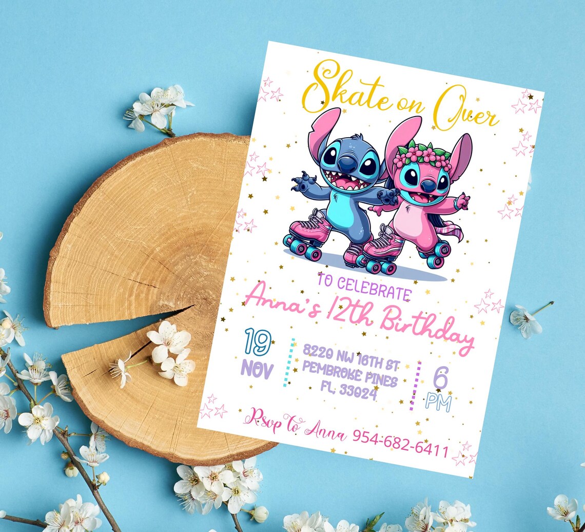 Stitch Roller Skating Birthday Party Invitation | Stitch Lilo Pastel ...