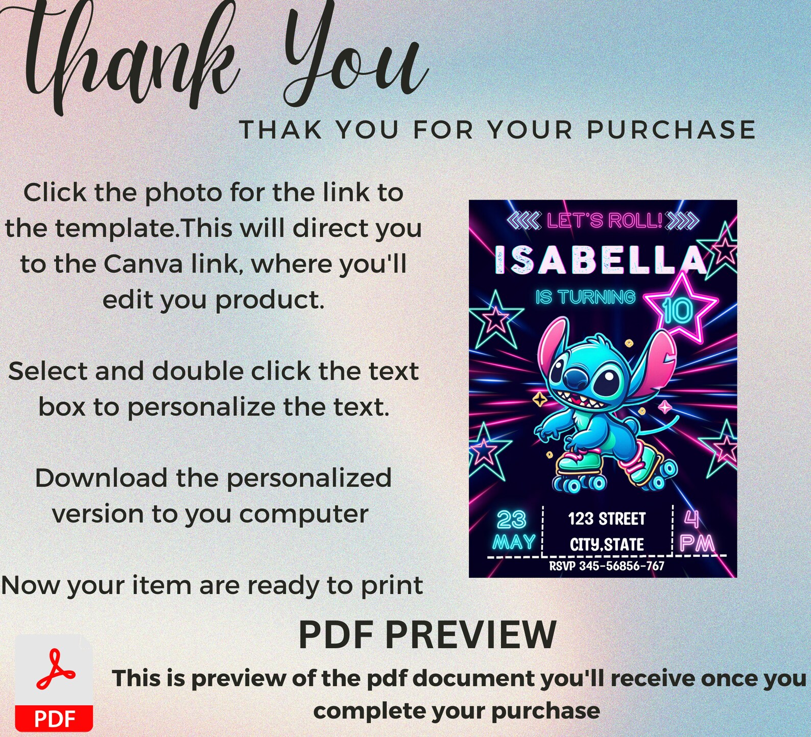 Stitch Roller Skating Birthday Party Invitation | Stitch Lilo Neon ...