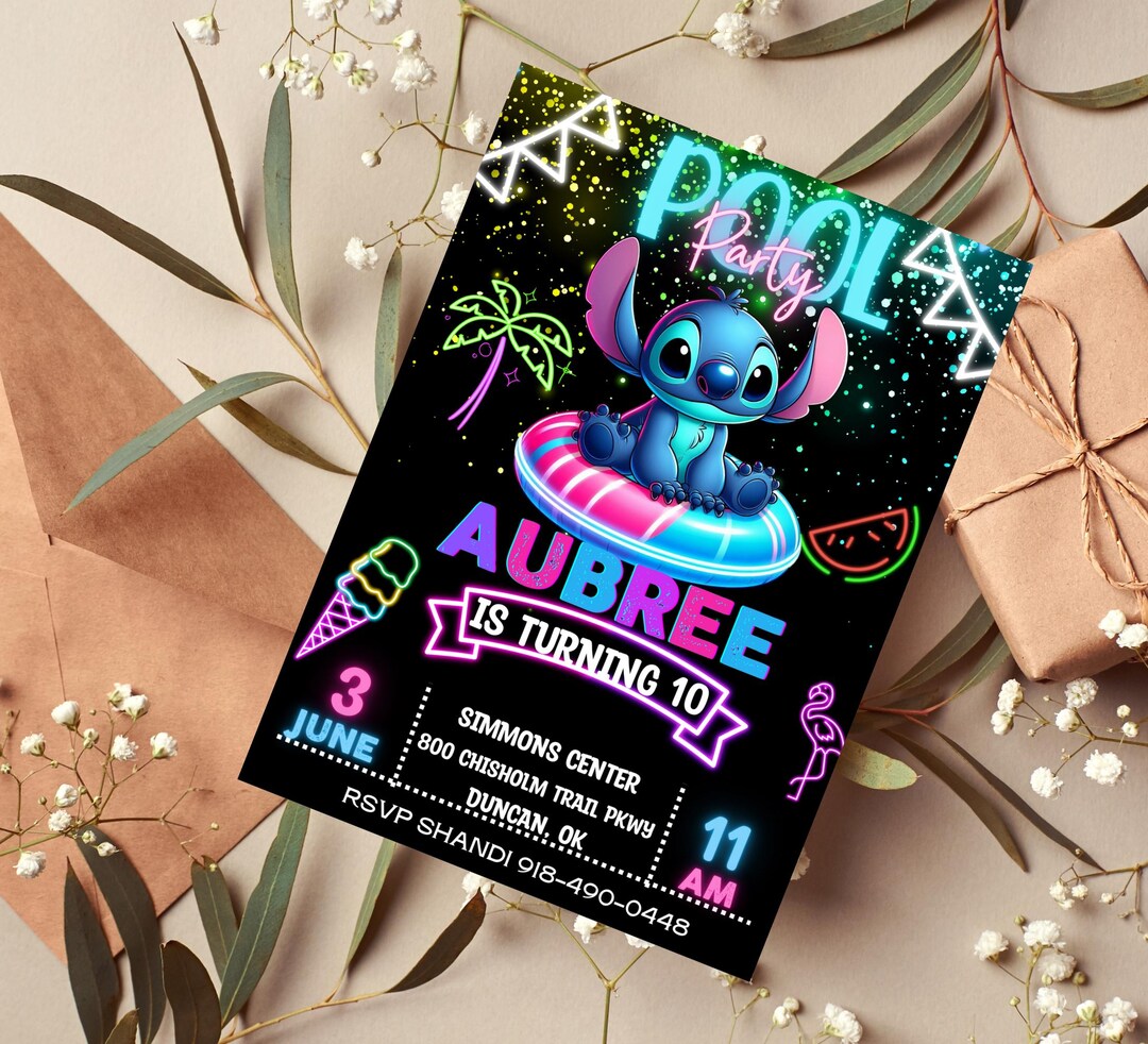 Stitch Pool Neon Birthday Invitation | Stitch Waterslide Party ...