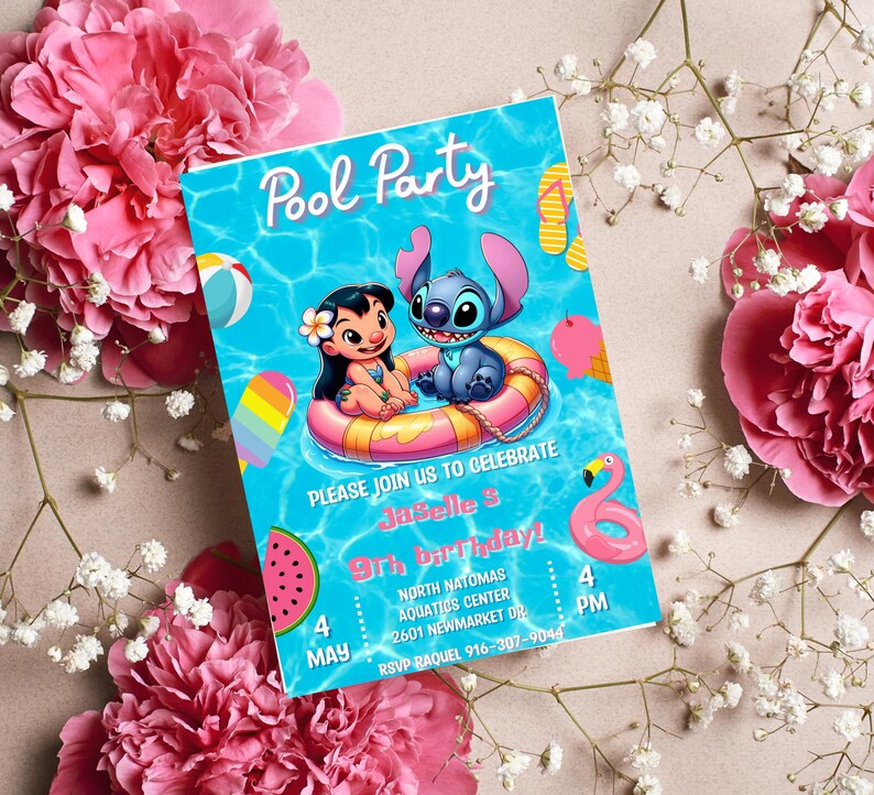 Stitch Lilo Pool Birthday Invitation | Stitch Angel Waterslide Party ...