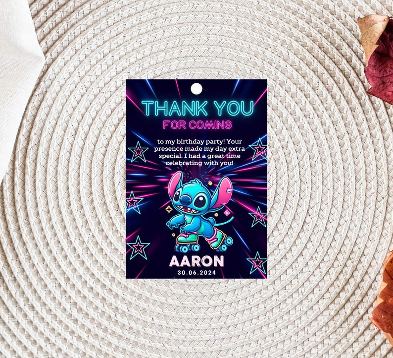 Stitch Lilo Birthday Tag, Neon Roller Skating Stitch Angel Thank You ...
