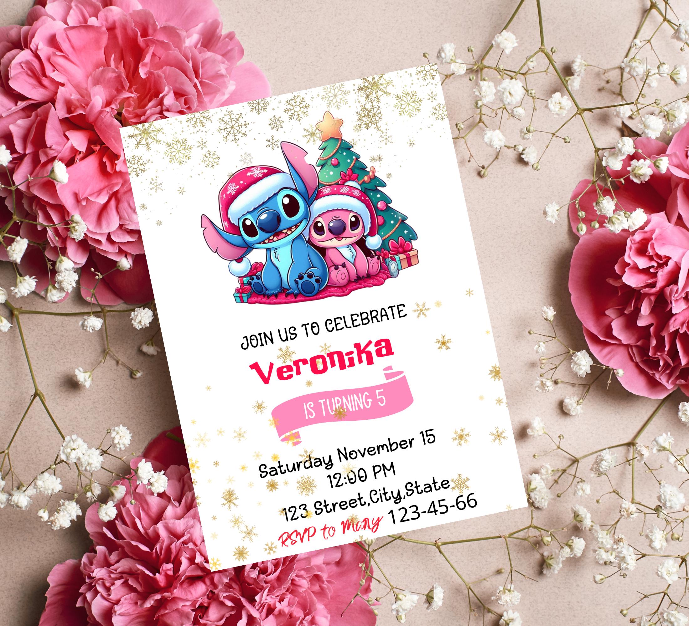 Stitch Christmas Birthday Invitation | Stitch Angel Pink Snowflakes ...
