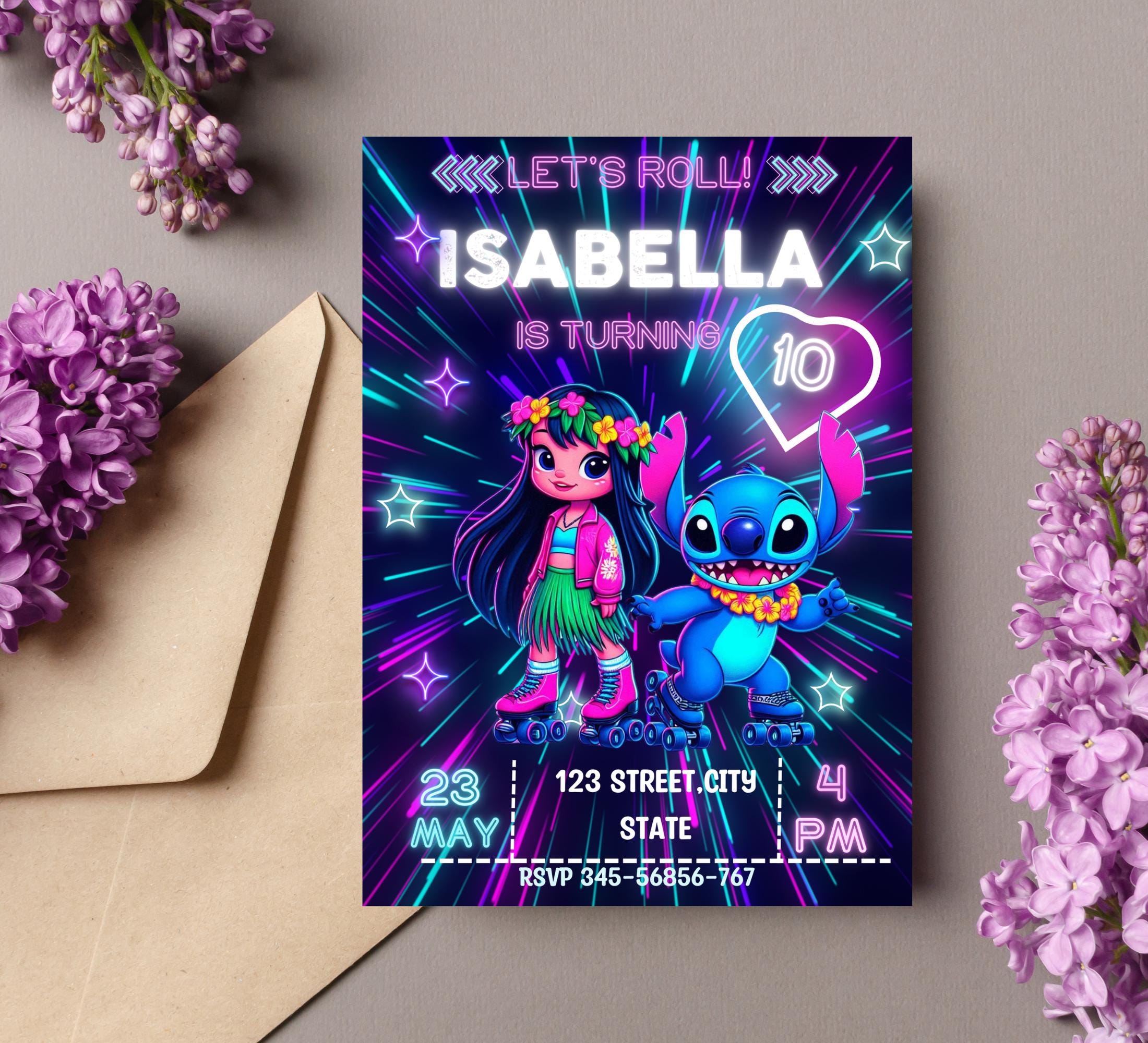 Stitch Roller Skating Birthday Party Invitation | Stitch Lilo Neon ...