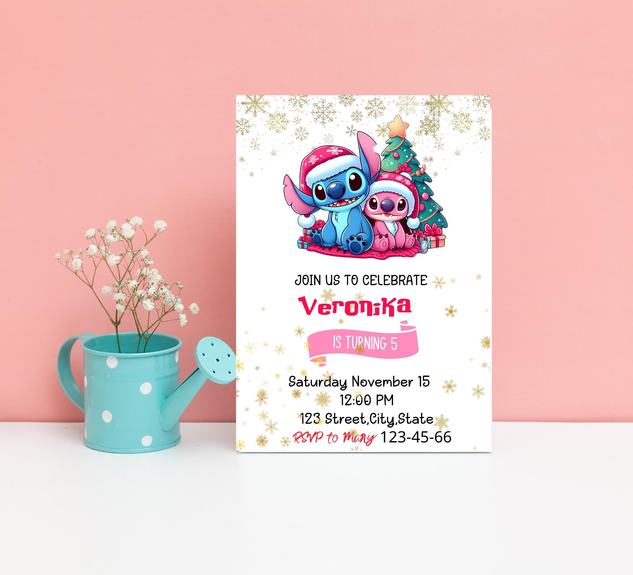 Stitch Christmas Birthday Invitation | Stitch Angel Pink Snowflakes ...