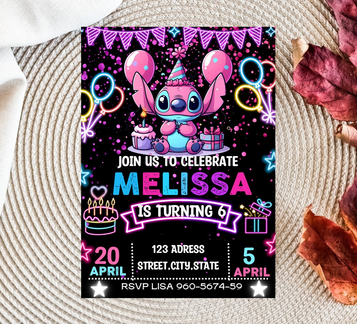 Stitch Pink Birthday Invitation | Stitch Neon Party Invitation ...