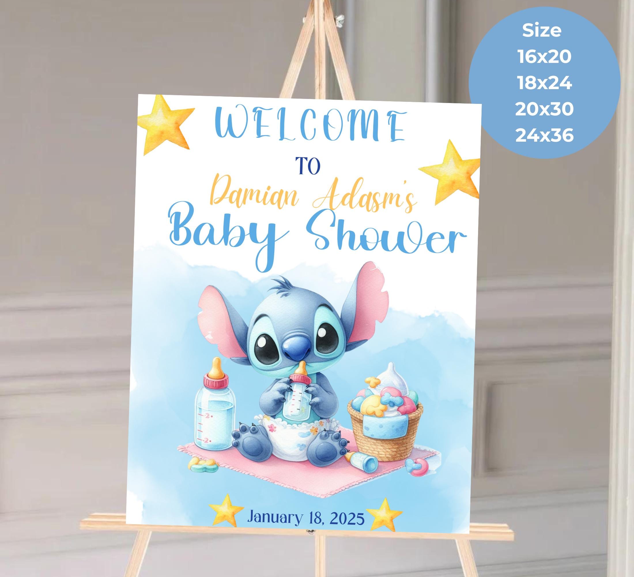 Stitch Watercolor Blue Baby Shower Welcome Sign, Stitch Lilo Minimalist ...