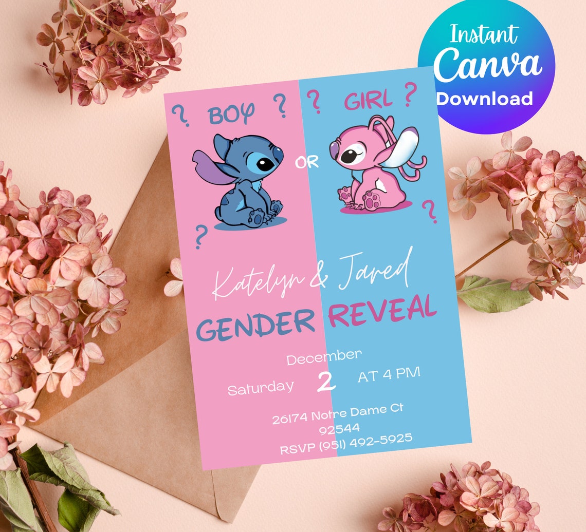 Stitch and Angel Gender Reveal Invitation, Baby Shower Stitch Lilo, He ...