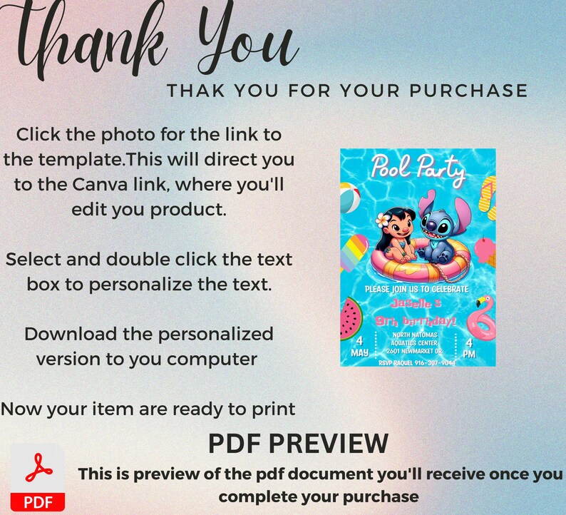 Stitch Lilo Pool Birthday Invitation | Stitch Angel Waterslide Party ...