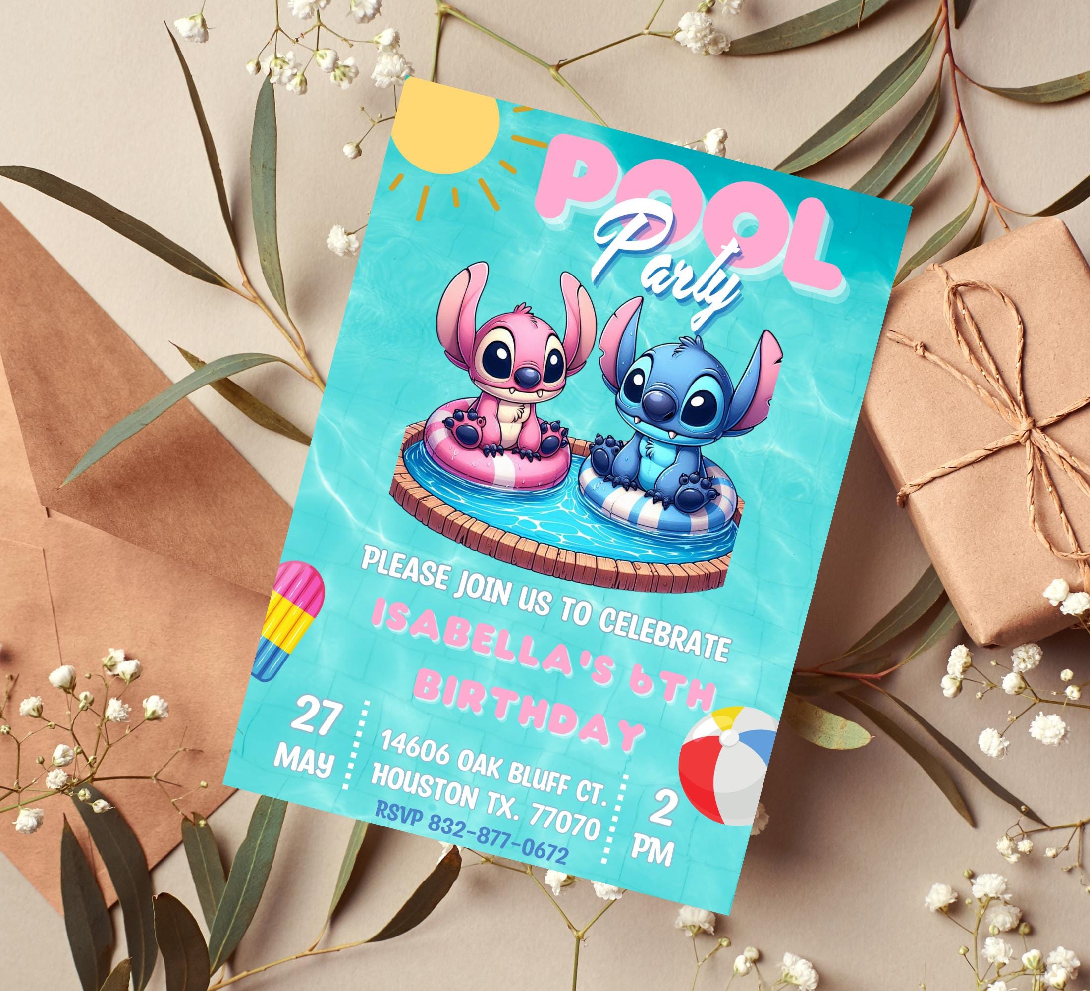 Stitch Lilo Pool Birthday Invitation | Stitch Angel Waterslide Party ...