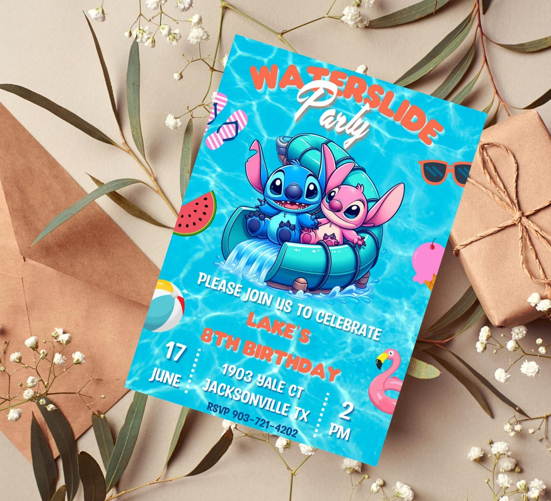 Stitch Lilo Pool Birthday Invitation | Stitch Angel Waterslide Party ...